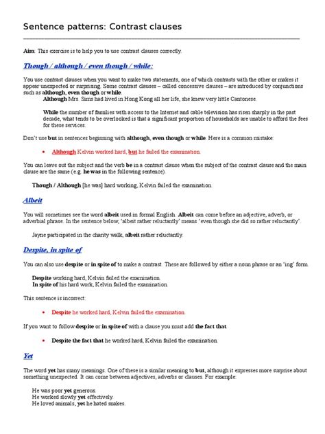 Sentence Patterns Concessive Clauses Pdf Sentence Linguistics Adverb