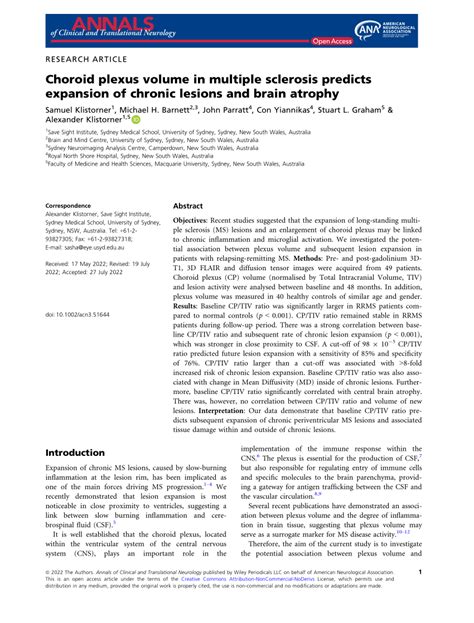 Pdf Choroid Plexus Volume In Multiple Sclerosis Predicts Expansion Of
