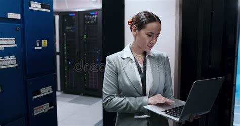 Business Woman Server Room And Laptop For Maintenance System Solution