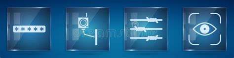 Set Password Protection Security Camera Barbed Wire And Eye Scan Square Glass Panels Stock