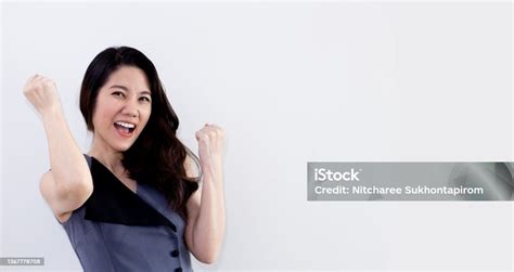 Portrait Asian Happy Winner Women Celebrating Success Achieve Goal With
