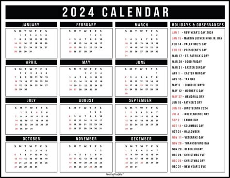 2024 Calendar With Holidays World Of Printables