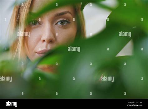 Portrait Of Crop Young Female With Hazel Eyes Looking At Camera Through