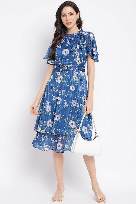 Medium Blue Printed Knee Length Casual Women Regular Fit Dresses