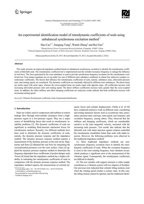 Pdf An Experimental Identification Model Of Rotordynamic Coefficients Of Seals Using