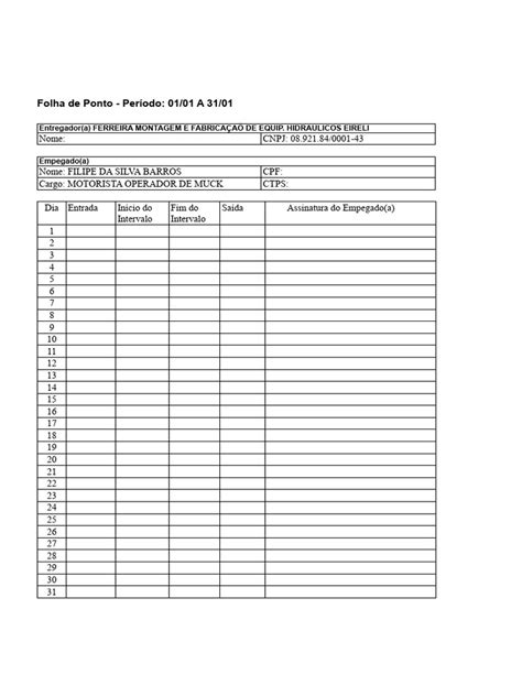 Modelo Folha De Ponto Pdf