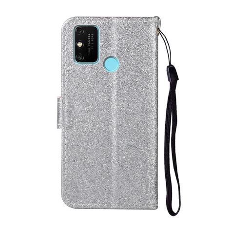 화웨이 P 스마트 2020 반짝이 파우더 수평 플립 가죽 케이스 카드 슬롯 및 홀더 및 사진 프레임 및 지갑 및 끈 실버