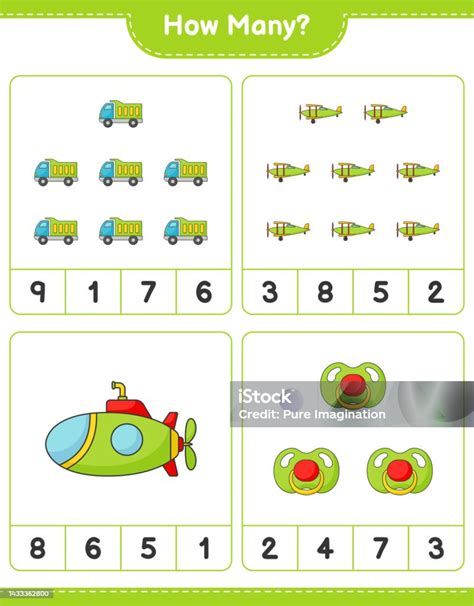 계산 게임 얼마나 많은 트럭 비행기 잠수함 그리고 젖꼭지 교육 어린이 게임 인쇄 가능한 워크 시트 벡터 일러스트 레이 션 0명에