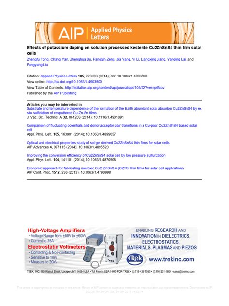 Effects Of Potassium Doping On Solution Processed Kesterite Cu2znsns4 Thin Film Solar Cells