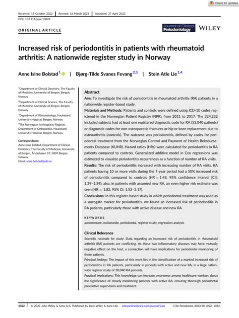 J Clinic Periodontology 2023 Bolstad Pdf Periodontology Logistic Regression