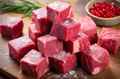 Premium Photo Ribeye Steak Cut In Cubes Raw Ready For Skewers