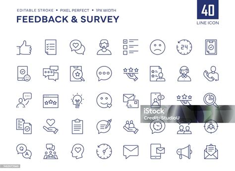 피드백 및 설문 조사 라인 아이콘 세트에는 평가 질문 엄지 손가락 측량사 설문지 회원 평가 고객 리뷰 청중 등의 아이콘이 포함되어 있습니다 아이콘에 대한 스톡 벡터 아트 및