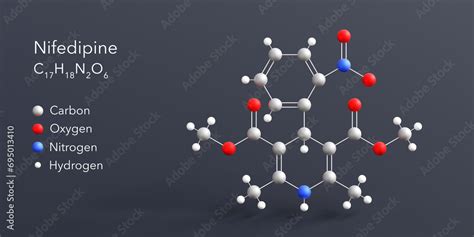 Nifedipine Molecule 3d Rendering Flat Molecular Structure With Chemical Formula And Atoms Color