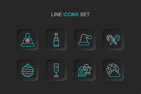 세트 라인 크리스마스 밤 벙어리 장갑 샴페인 한 잔 공 줄무늬가 있는 사탕 지팡이 산타클로스 모자 샴페인 병 및 아이콘 벡터 겨울에 대한 스톡 벡터 아트 및 기타 이미지