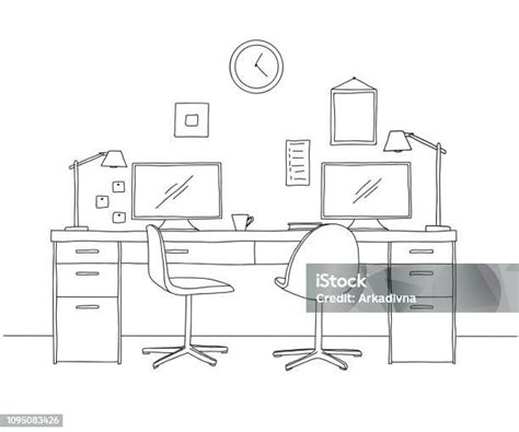 방 스케치 사무실의 자 책상 테이블에 다양 한 개체 작업 영역을 스케치 합니다 벡터 일러스트 레이 션 사무실에 대한 스톡 벡터