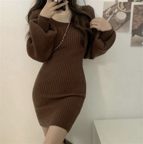 여성 미니 원피스 슬림핏 니트 6칼라 퍼프 볼륨 오피스 하객룩 파티룩 연말룩