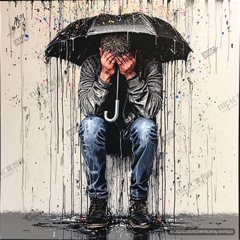 Ai创作图风雨中的人 视冲击力广告装饰画 人物手绘创意海报 焦躁装饰画 创意人物画 雨天人物 酷炫3d画 绘呆萌女孩躲雨无框画 男孩撑伞插画