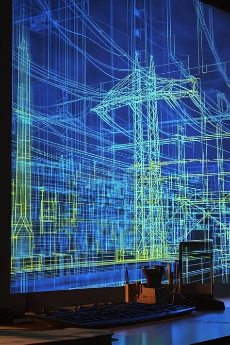 Computer Displaying A Power Grid Expansion Blueprint With High Voltage Transmission Lines In Cad