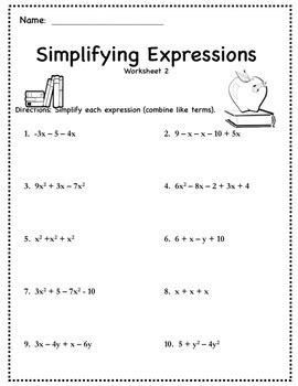 Simplifying Algebraic Expressions Activity Worksheet Bundle TpT