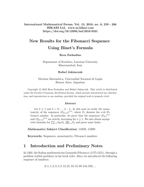 Pdf New Results For The Fibonacci Sequence Using Binets Formula