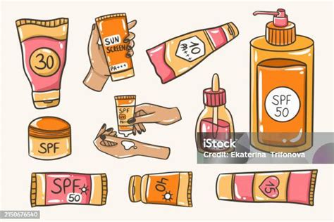 Spf가 함유된 자외선 차단제 제품의 크림 튜브 및 병이 포함된 자외선 안전 세트 건강한 생활방식에 대한 스톡 벡터 아트 및