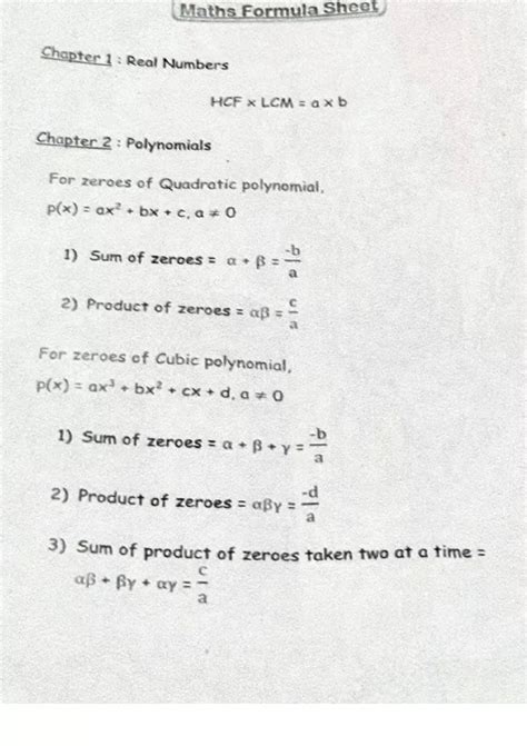 Formula Sheet Mathematics Class 10th Mathematics Stuvia Us