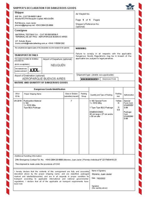 Shippers Declaration Column Format Fillable 7 02 22 Pdf Dangerous Goods Transport