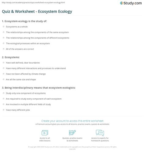Quiz And Worksheet Ecosystem Ecology