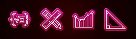 X 글리프의 제곱근 교차 눈금자와 연필 그래프 일정 차트 다이어그램 및 삼각형 수학을 설정합니다 빛나는 네온 아이콘입니다 벡터 0명에 대한 스톡 벡터 아트 및 기타 이미지