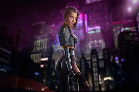 Скачать обои Девушка Ночь Город Робот Пистолет Неон Girl City раздел фантастика в