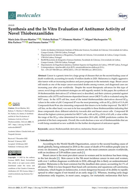 Pdf Synthesis And The In Vitro Evaluation Of Antitumor Activity Of Novel Thiobenzanilides