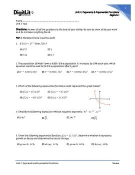 Unit Test Exponents Exponential Functions By DigitLit Math Instruction