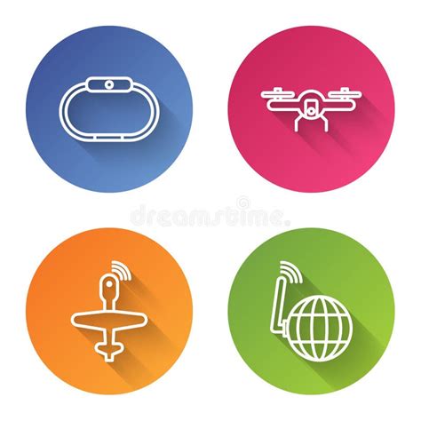 Set Line Smartwatch Drone Flying Uav Drone And Social Network Color Circle Button Stock