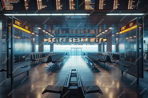 Empty Airport Terminal With Rows Of Seats And Information Boards Premium Ai Generated Image