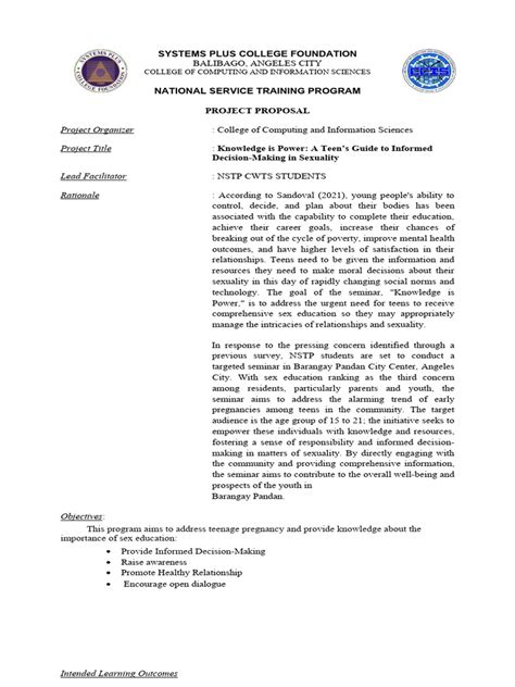 Nstp Proposal Sex Education 1 Download Free Pdf Sex Education