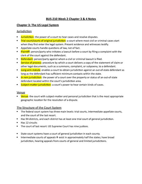 Week Two Notes Of Ch 3 And 4 Bus 210 Week 2 Chapter 3 And 4 Notes Chapter 3 The Us Legal System