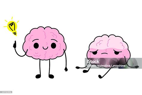 건강한 뇌와 우울한 뇌 성격 우울증 번아웃 기분부전장애 양극성 장애 정신 문제 만화 귀여운 행복하고 슬픈 뇌 흰색 배경에 고립 된 스톡 벡터 일러스트 레이 션 0명에 대한