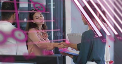 Animation Of Graphs Globe Computer Language Diverse Coworkers Discussing And Shaking Hands