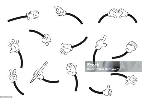 만화 복고풍 손입니다 흰 장갑을 낀 코믹한 몸짓 엄지 손가락과 하트 모양 기호 가리키기에 대한 스톡 벡터 아트 및 기타 이미지 가리키기 개체 그룹 고풍스런 Istock