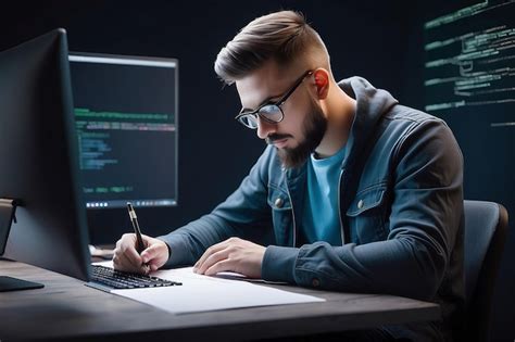 Professional Programmer Engineer Writing Code Premium Ai Generated Image