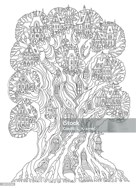 환상의 풍경입니다 성 오래 된 중세 마을 골조 집 동화 오크 나무 손으로 그린된 스케치 코 티 지 실루엣 T셔츠 인쇄입니다 앨범 덮개입니다 성인을 위한 책 페이지를 착 색