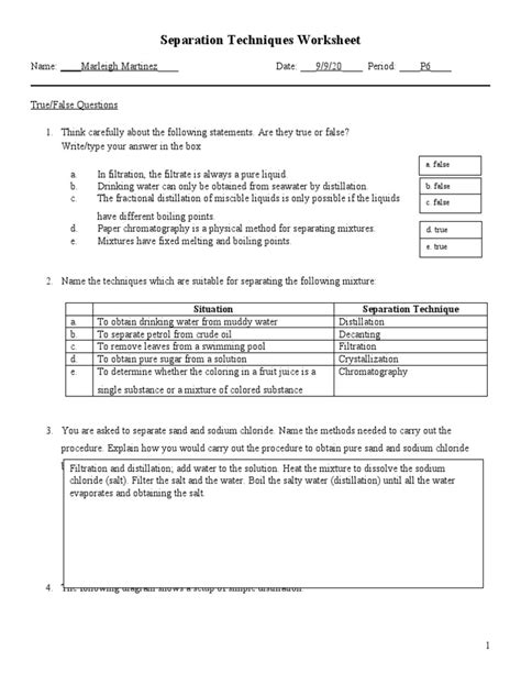 Separation Techniques Worksheet Pdf Distillation Filtration