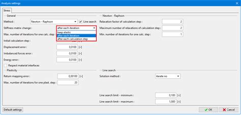Change Of Stiffness Matrix Settings And Analysis Description Online Help GEO