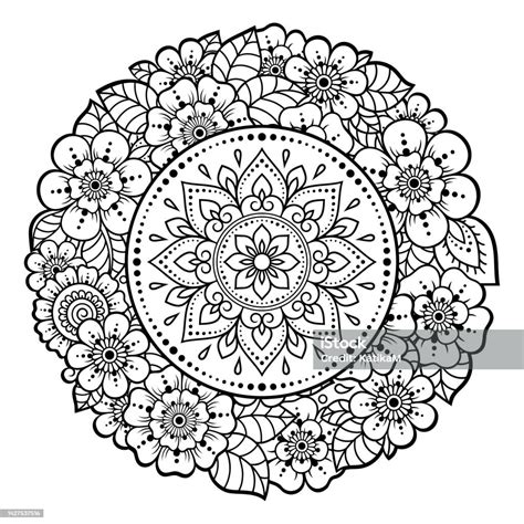 색칠 공부 책 페이지에 대한 멘디 스타일의 둥근 꽃 패턴을 윤곽 성인과 어린이를위한 안티 스트레스 흑백의 낙서 장식 손 그리기 벡터 그림 만다라에 대한 스톡 벡터 아트 및
