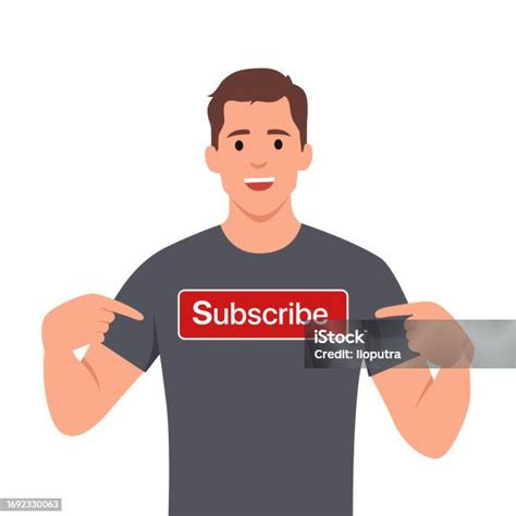 구독자 개념 그림 남자는 클릭 호출과 함께 구독 버튼을 들고 있습니다 가리키기에 대한 스톡 벡터 아트 및 기타 이미지