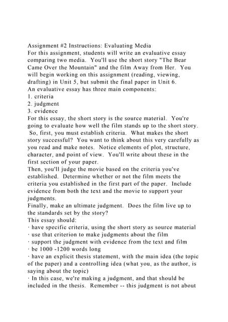 Assignment 2 Instructions Evaluating Mediafor This Assignmentdocx