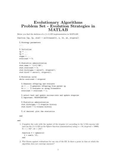 Evolutionary Algorithms Problem Set Evolution Strategies In Matlab
