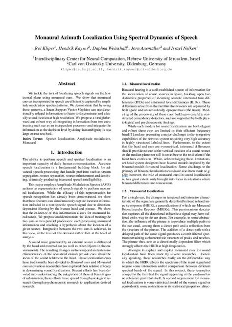 Pdf Monaural Azimuth Localization Using Spectral Dynamics Of Speech