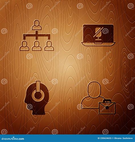 Set Freelancer Hierarchy Organogram Chart And Mute Microphone On Laptop On Wooden Background