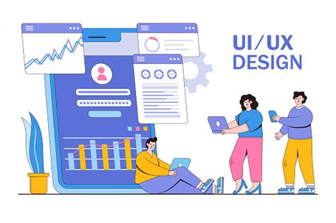 캐릭터가 있는 모바일 Ui Ux 개발 디자인 컨셉 디지털 산업 모바일 앱 혁신 및 기술 랜딩 페이지 웹 배너 인포그래픽 영웅 이미지를 위한 현대적인 평면 스타일 그래픽